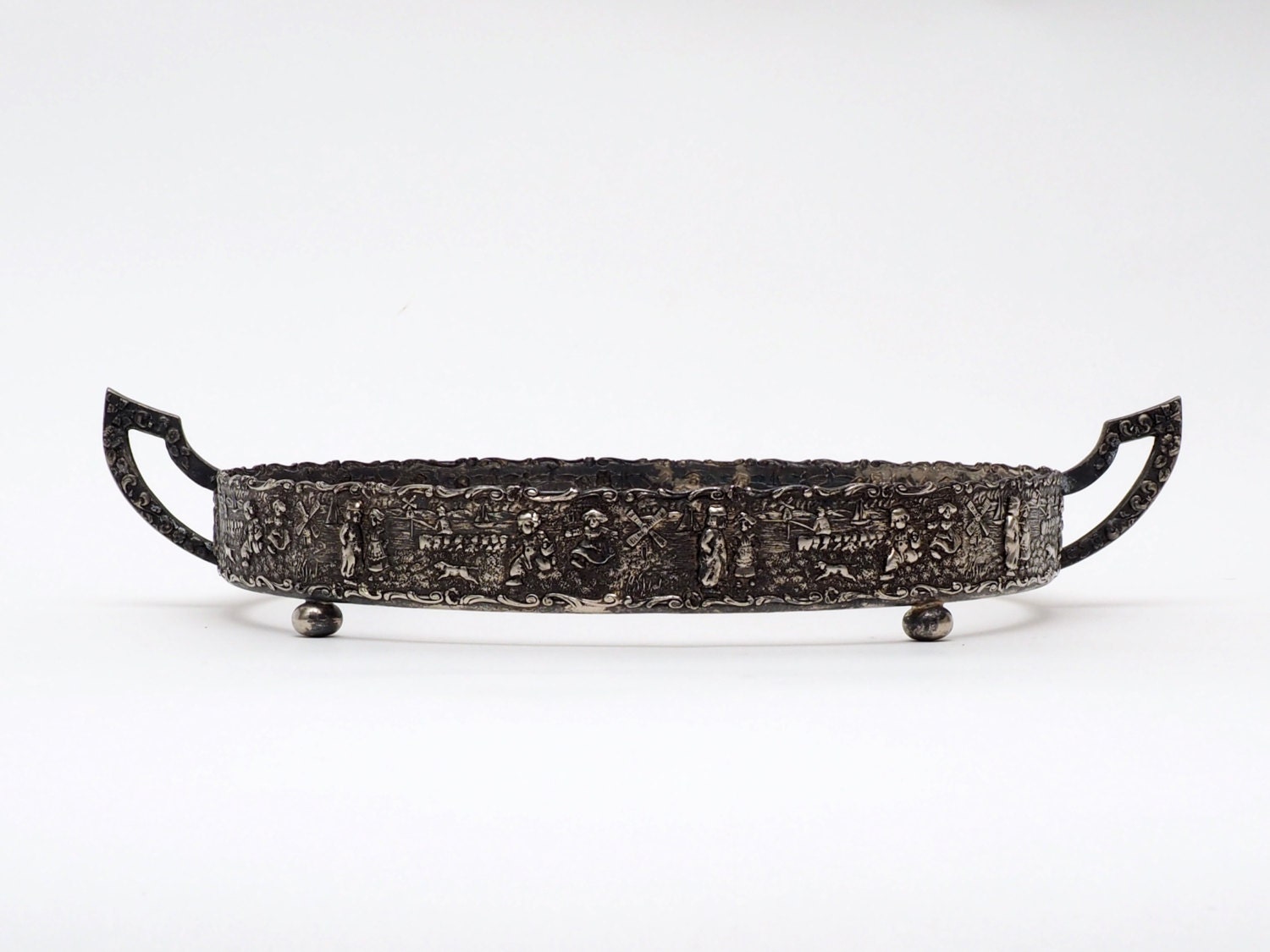 Antique Pewter or Steel Metal Bowl Dish Holder, Scene of Dutch Boy and ...