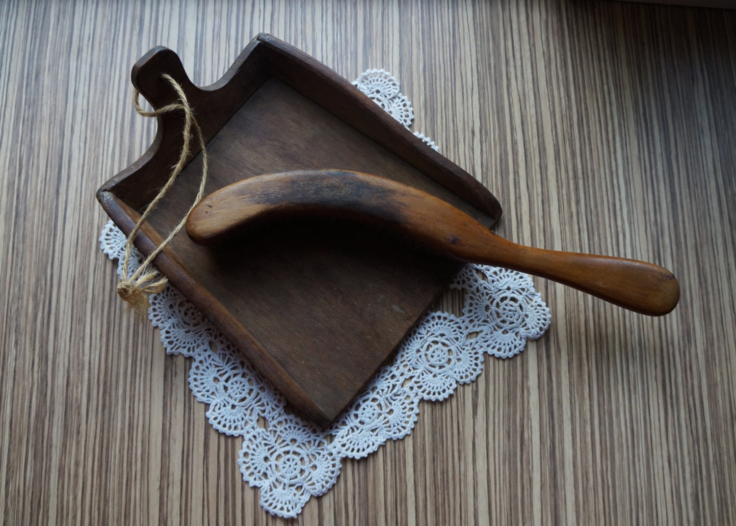 Antique wooden crumb catcher and brush set, silent butler, dust pan and ...