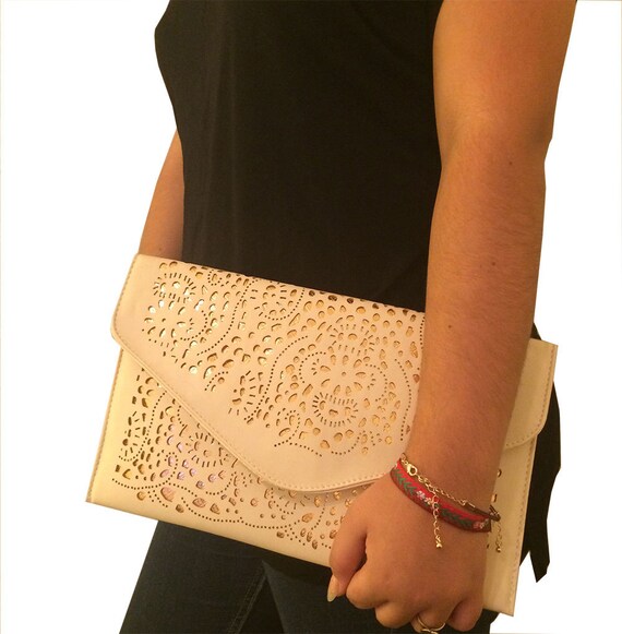 Cream Lazer Cut with Gold Underlay Envelope Clutch Handbag