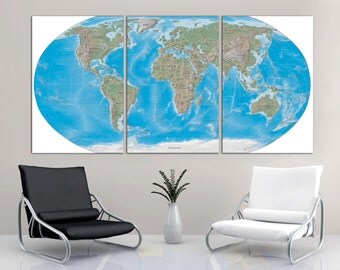 World Map Canvas Print 3 Panel Split Black and white by SHOPCANVAS