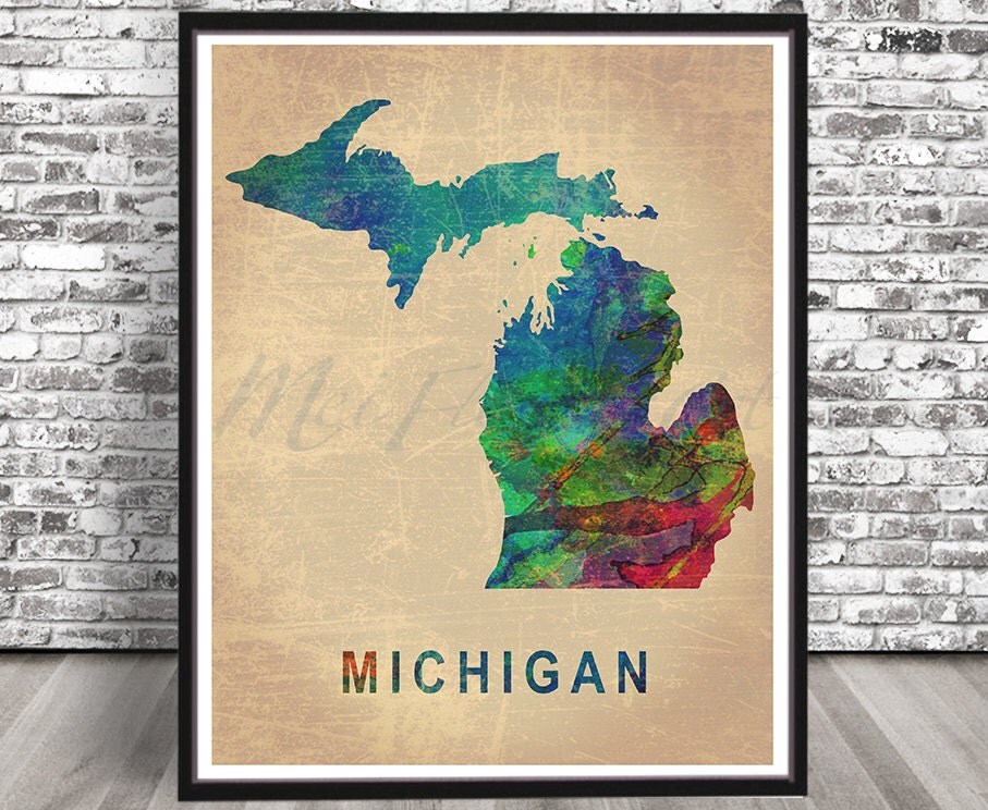 Vintage Michigan state watercolor map watercolor painting