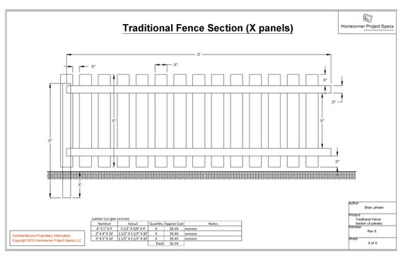 Traditional Picket Fence Section Drawing Sheets from WoodworkDrawings ...