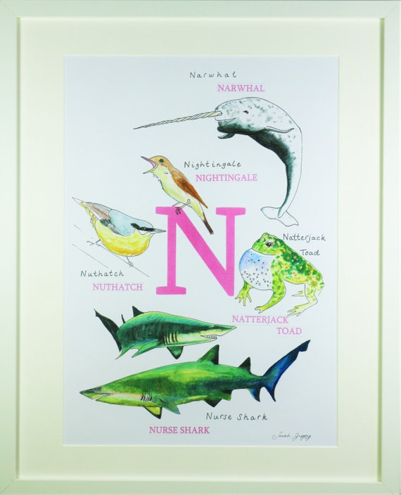 Animal Alphabet Letter N Nursery Print by SarahGregoryDesigns