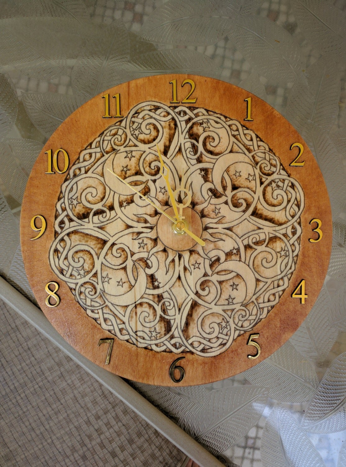 Hand burned Pyrography Mandala clock