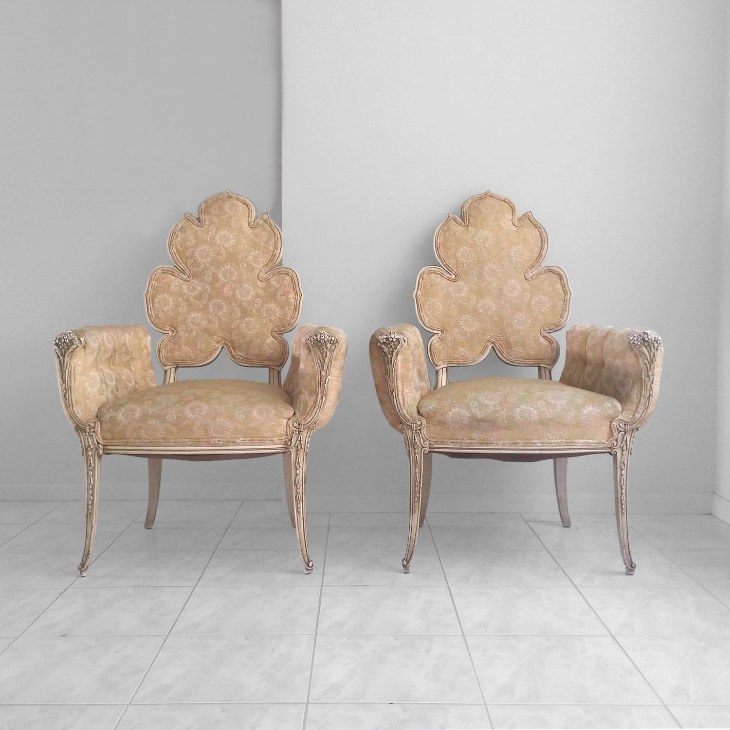 2 FRENCH regency leaf back white wash carved frame parlor chairs ...