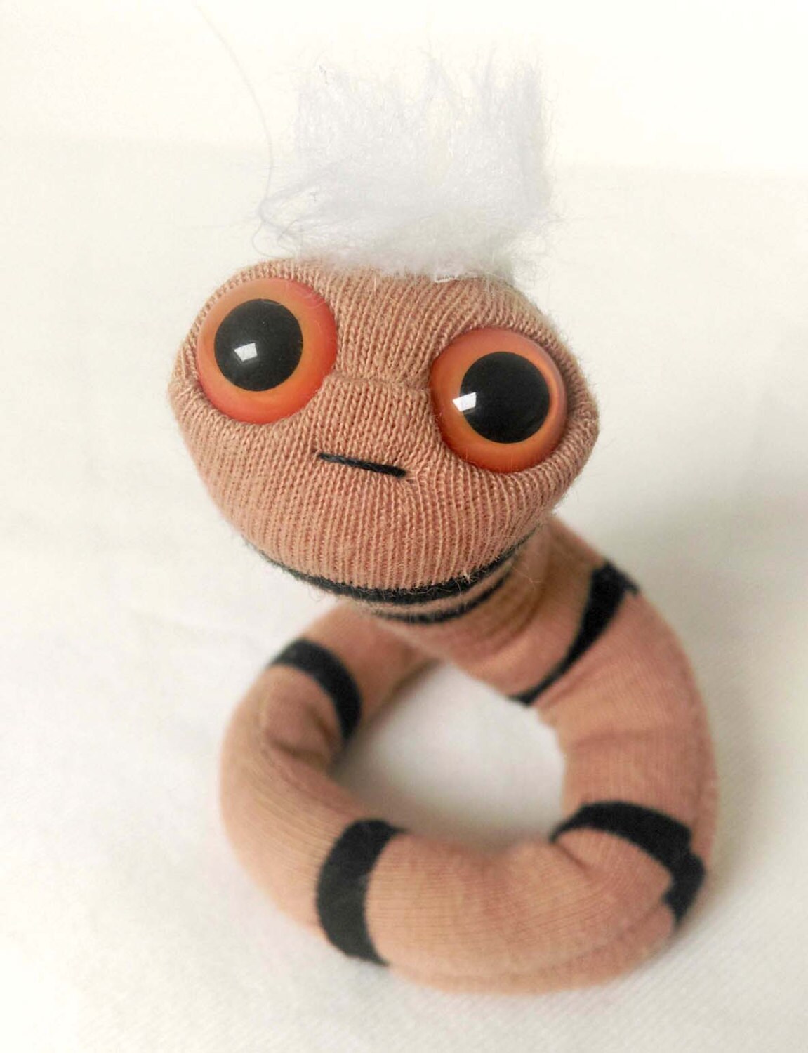 Plush Worm puppet with hair and black stripes