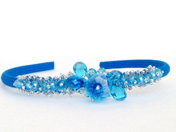 Aqua Crystal Bead Headband Boho Headpiece Blue Crystal