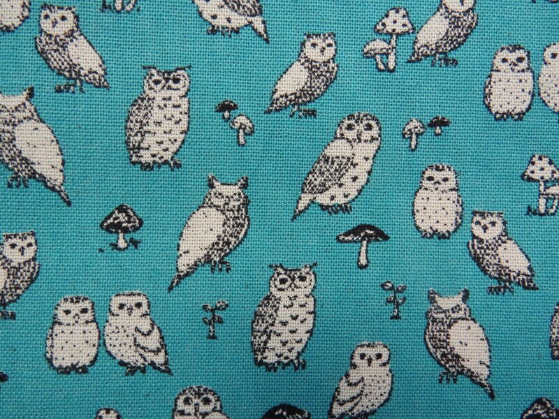 2511E — Retro Owls Fabric in Dull Cyan, Owl and Mushroom, Cute Birds ...