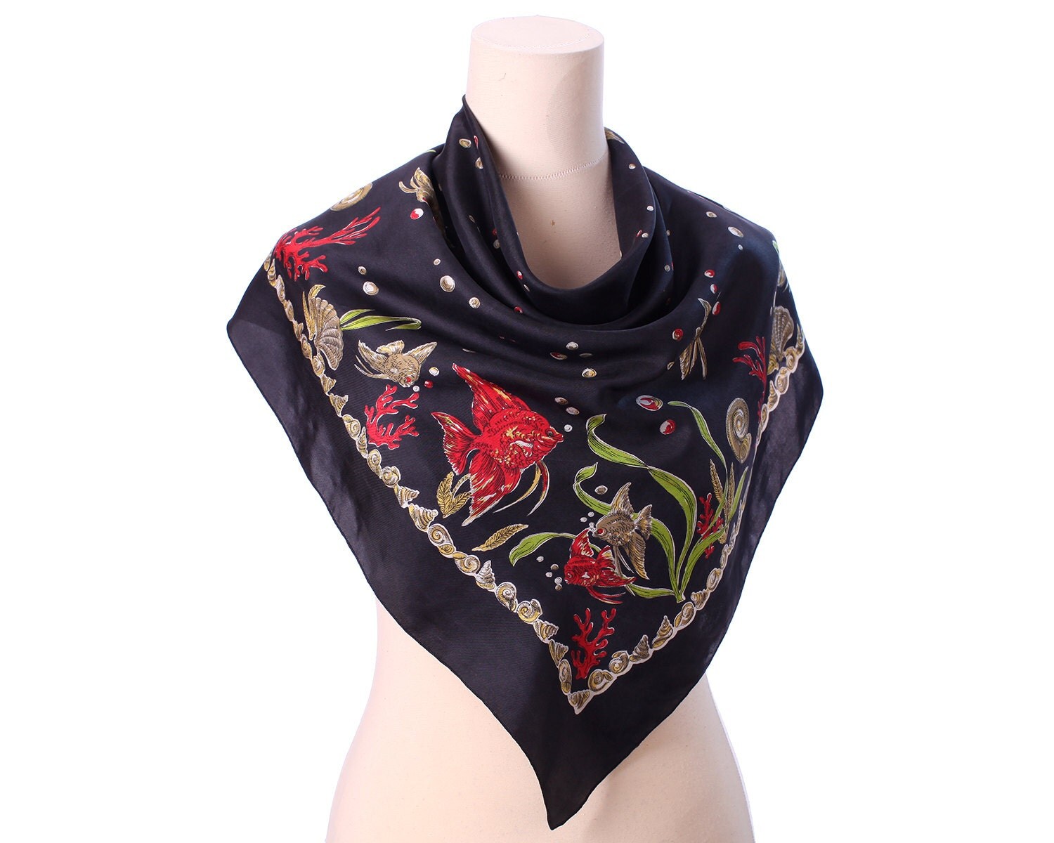 Black Red Silk Scarf 80s Bohemian FISH Printed Shawl Luxury Twill ...