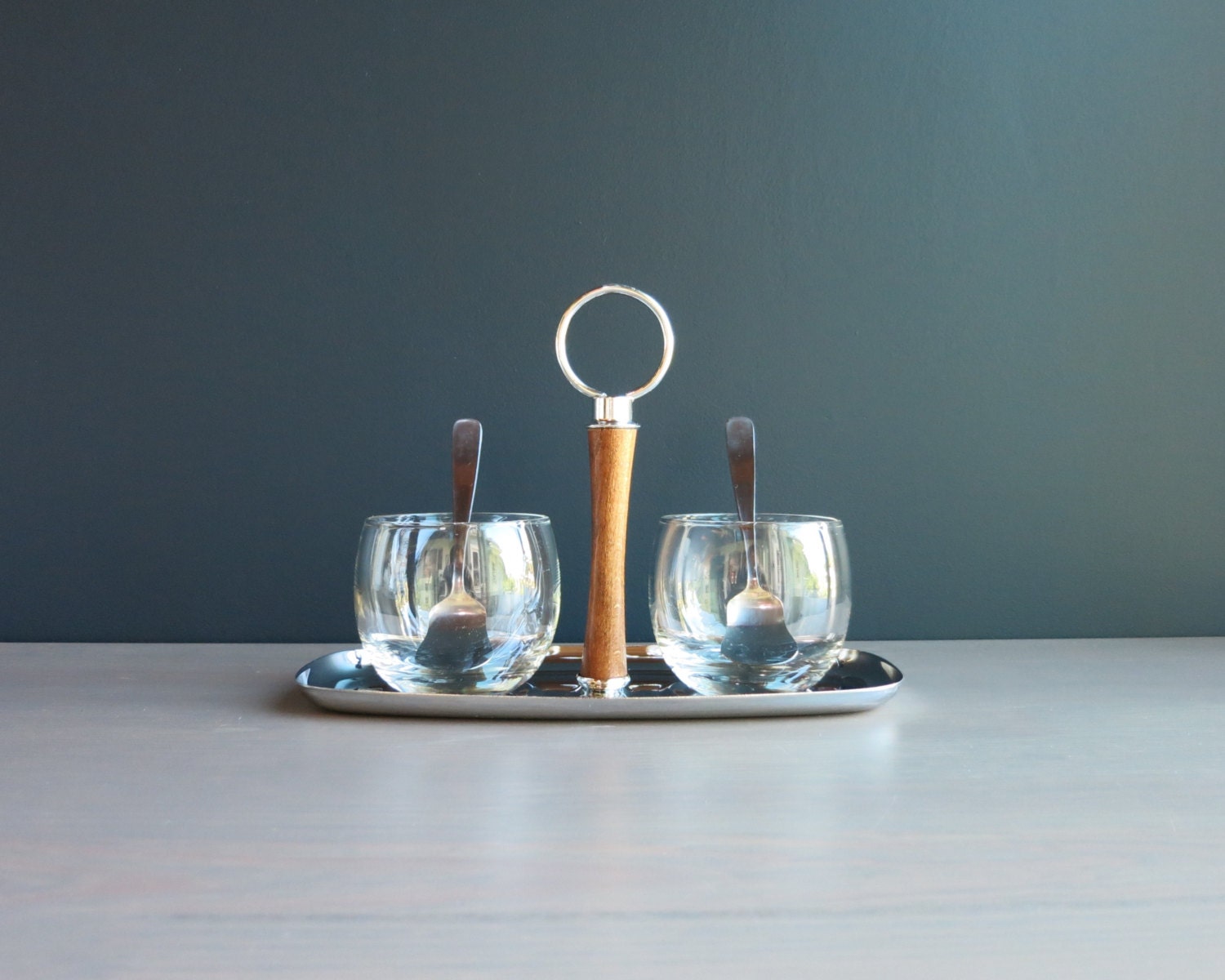 Mid-century condiment caddy | Vintage glass condiment cups with serving ...