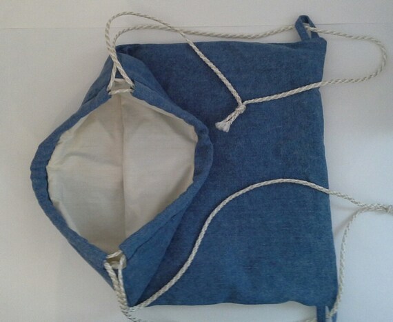 Upcycled Denim Shirt Lined Drawstring Backpack with Two