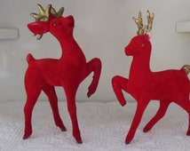 Vintage Bright Red Felt Flocked Reindeer / Pair of Christmas Decorations