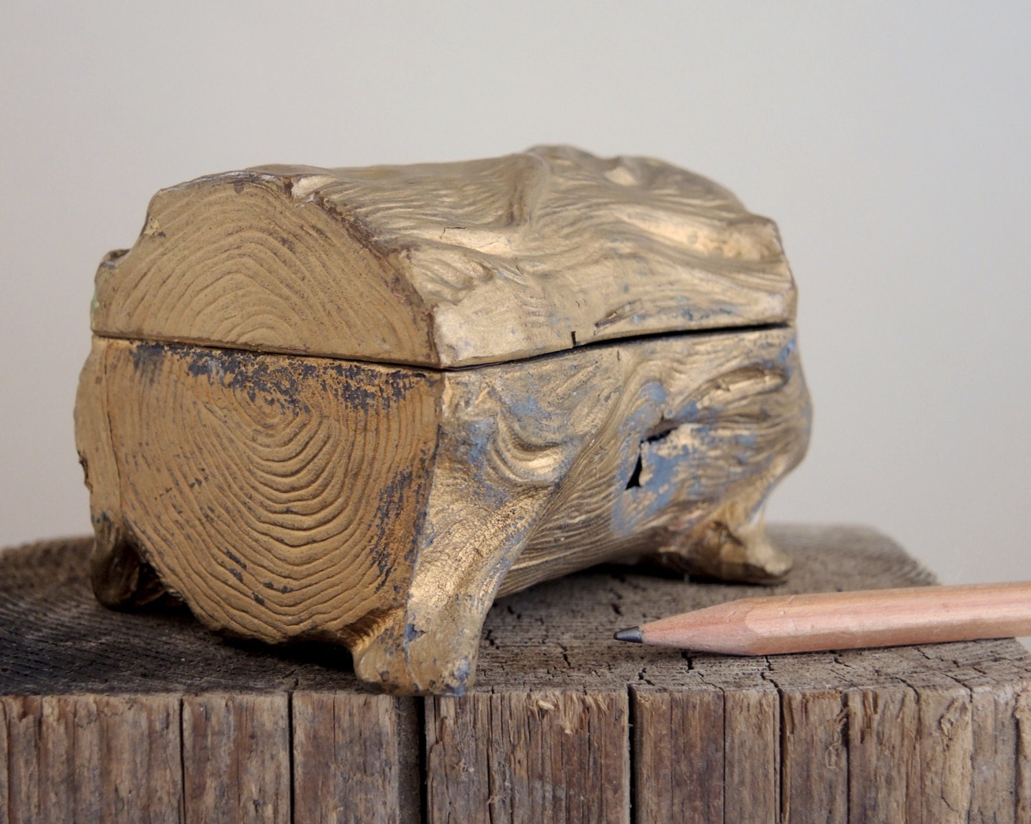 Antique Log-Shaped Trinket Box – Gilt Metal Figural Wood – Vintage ...