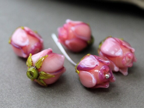 Handmade Glass Lampwork Beads Set Of 3 Pink Rose Flower Buds Ebay