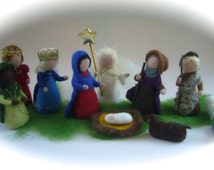 Wet felted Nativity Set. Waldorf .11 pieces.Christmas.