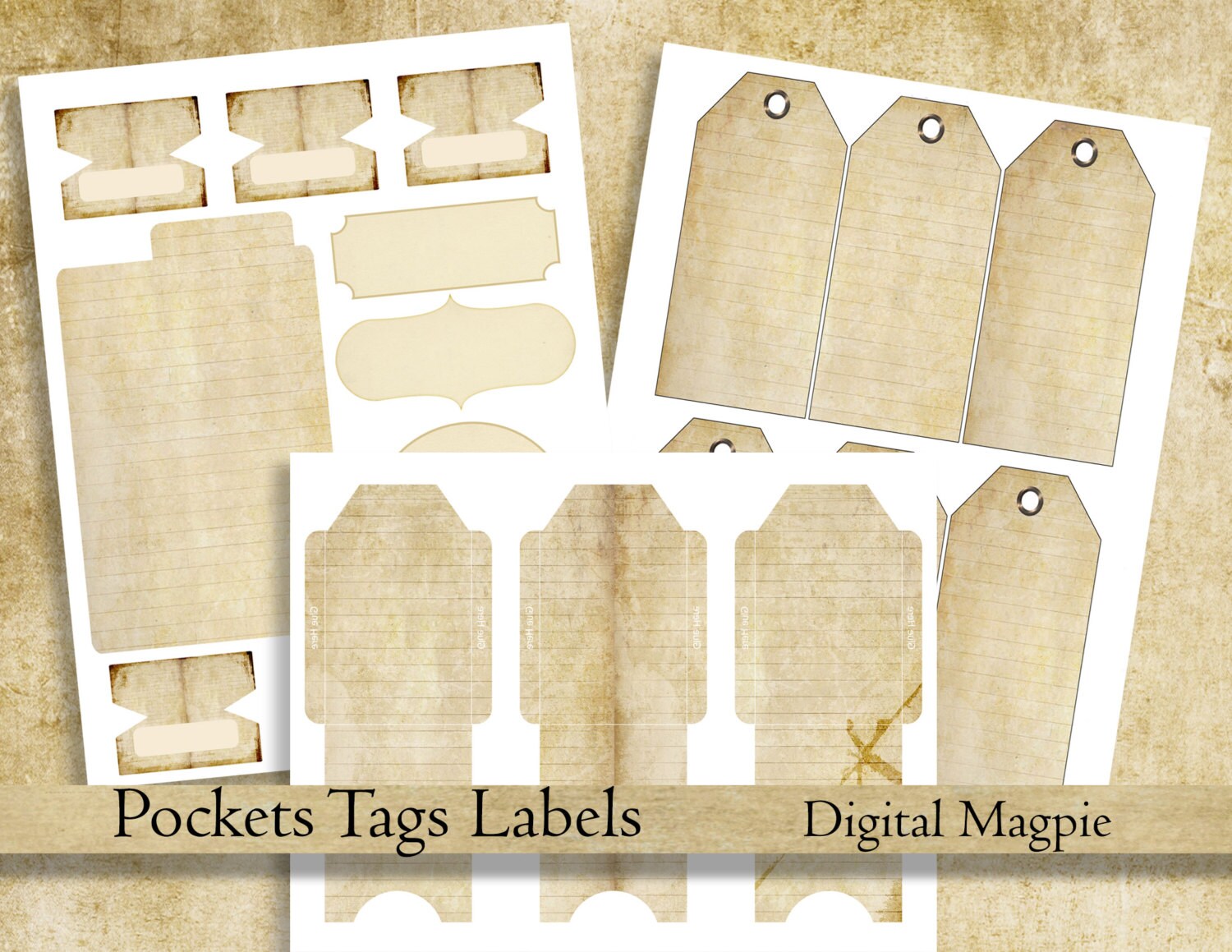 printable journal pockets tags tabs old paper antique digital