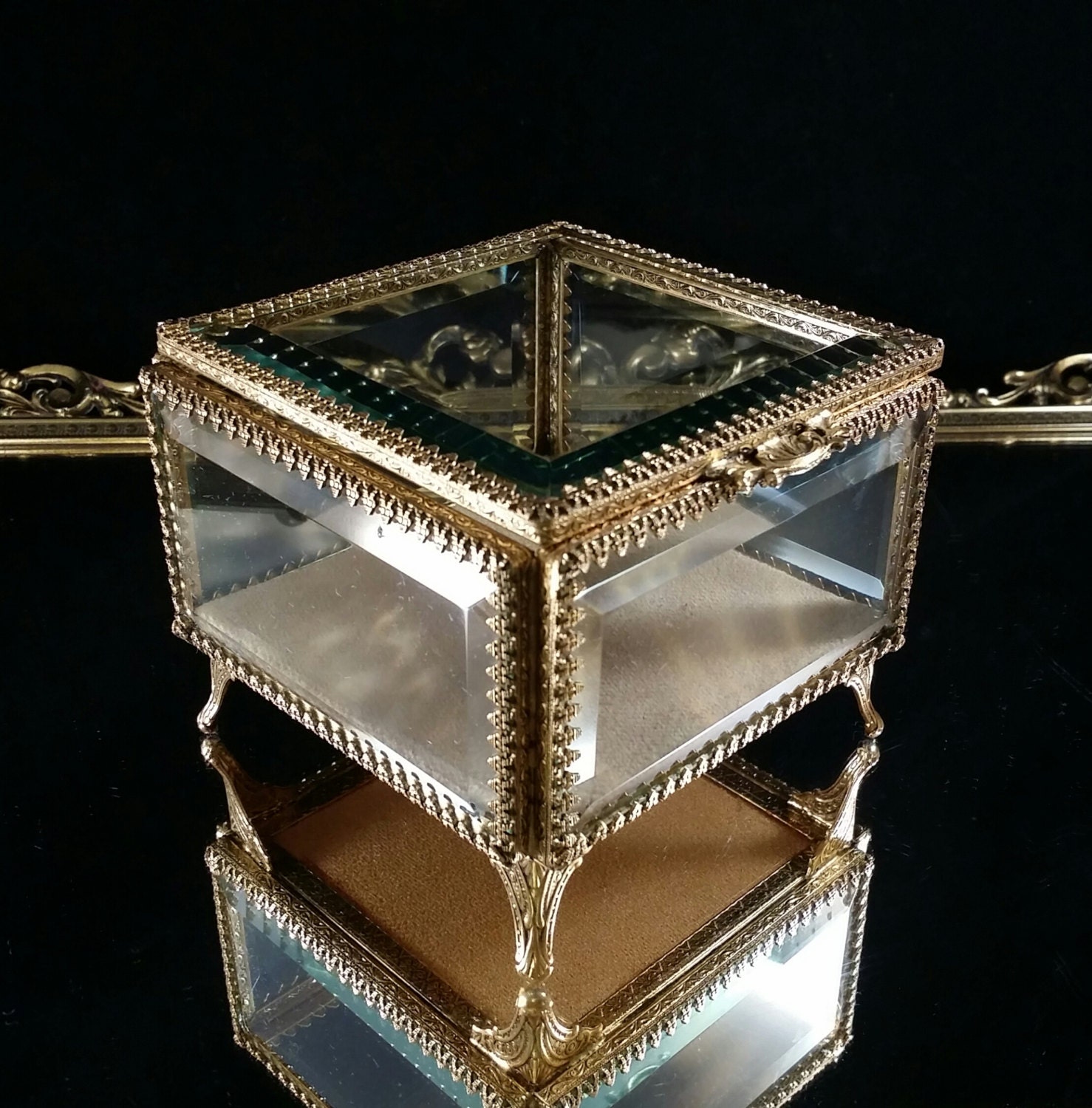 Jewelry Casket Beveled Glass Box Crystal Jewelry Box Filigree Box Hollywood Regency Filigree