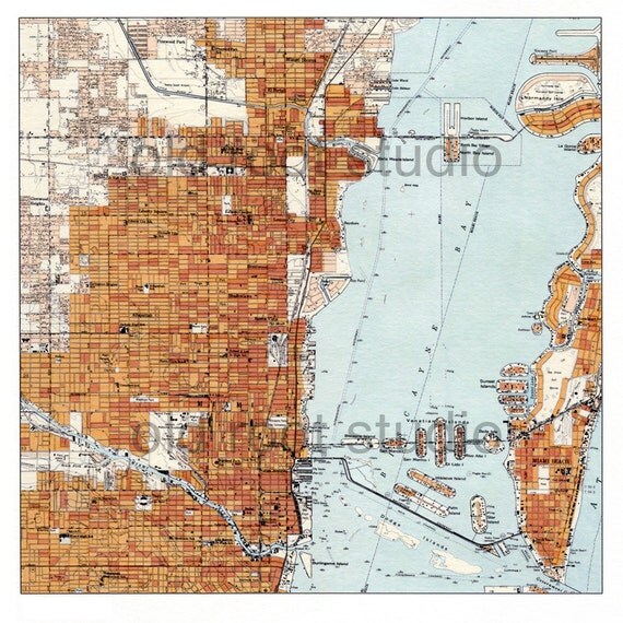 Hand Painted Map of Miami Florida 1950 / Retro Miami