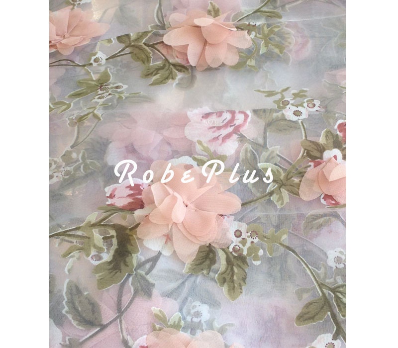 SALE BY YARD_ Floral Organza Fabric with 3D Chiffon Appliqué