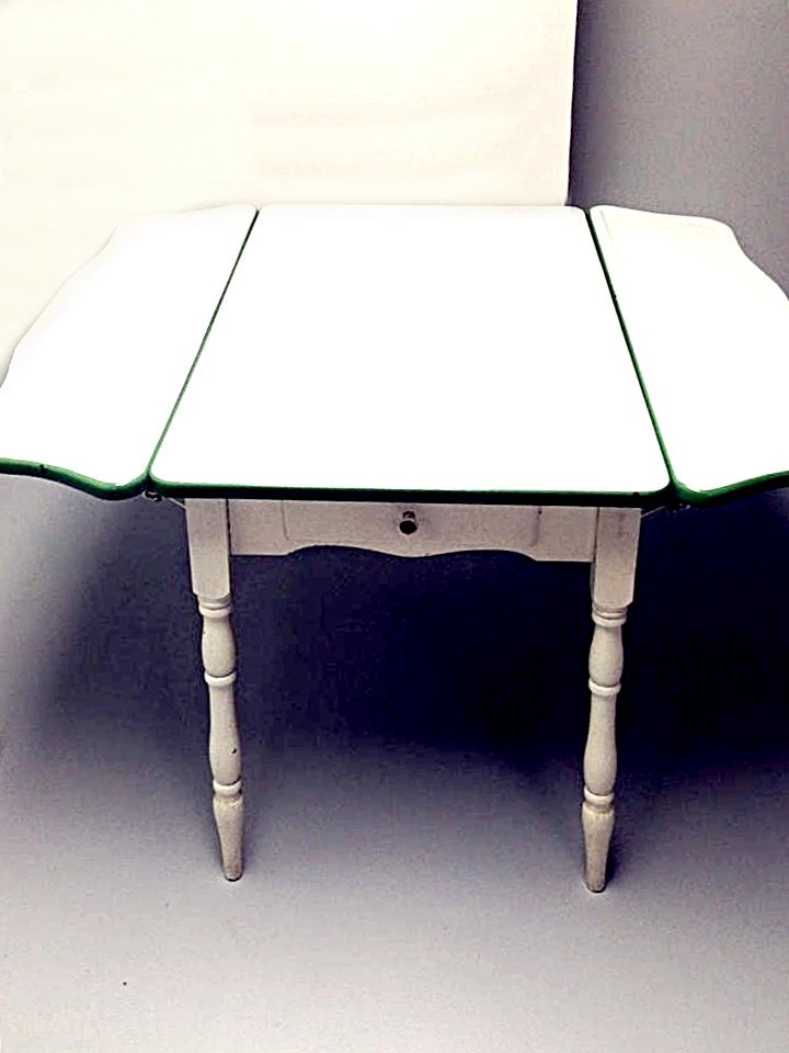 Antique Porcelain Top, 1930s Green Enamel Kitchen Table, Side Drop Leaf ...
