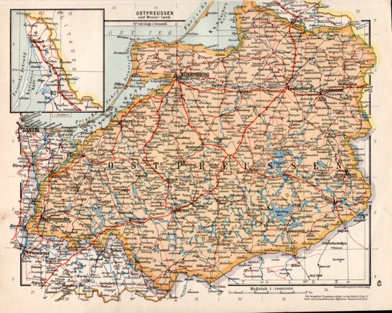 1920's East Prussia Map German Empire Old Map