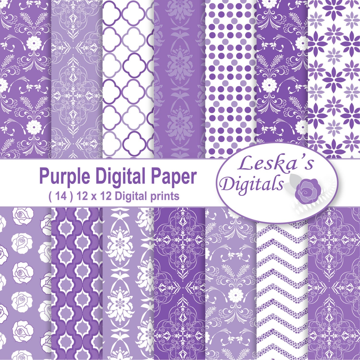 Purple digital paper: Purple Damask background