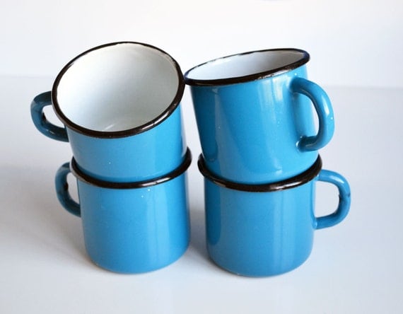 Vintage Enamel Mugs Set of 4 Blue French Style Metal Mugs