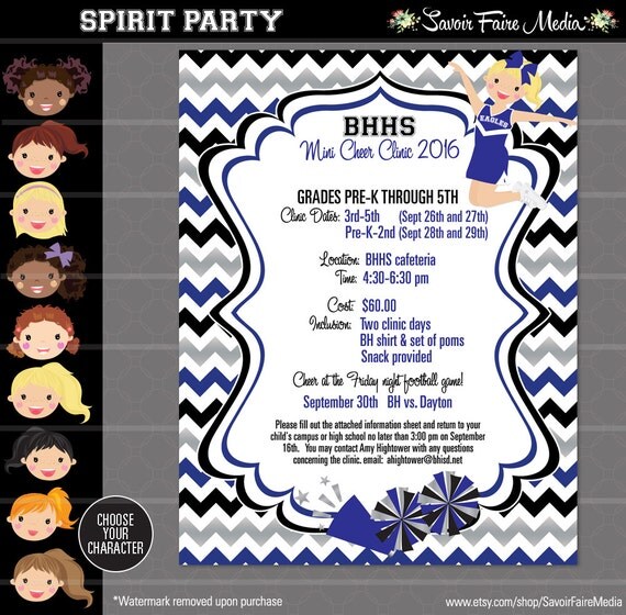Cheerleading Clinic Invitation - Cheerleader Cheer Flyer Party - Girl ...