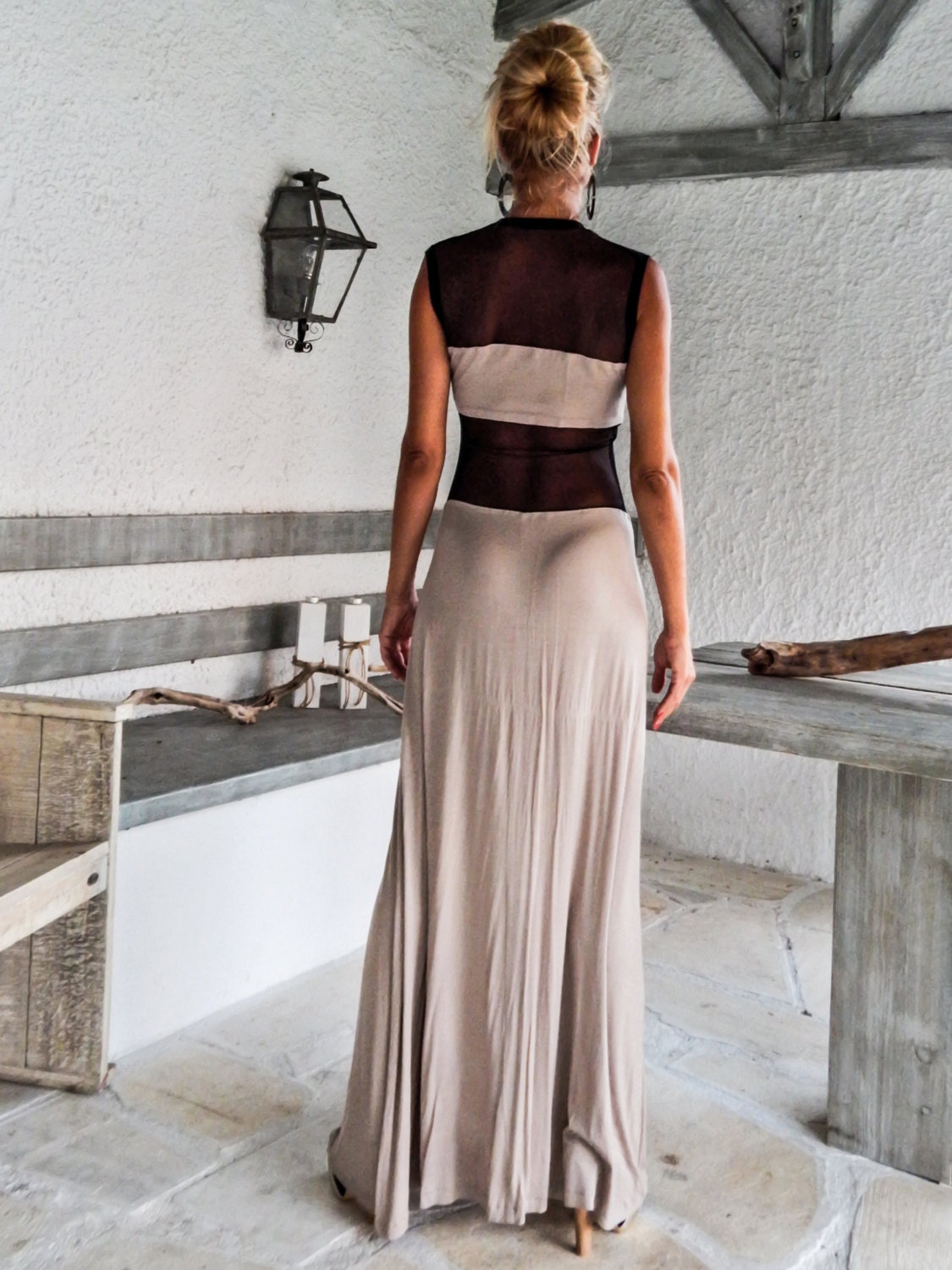 Beige Maxi Dress with Black See-Through Detail / Maxi Dress