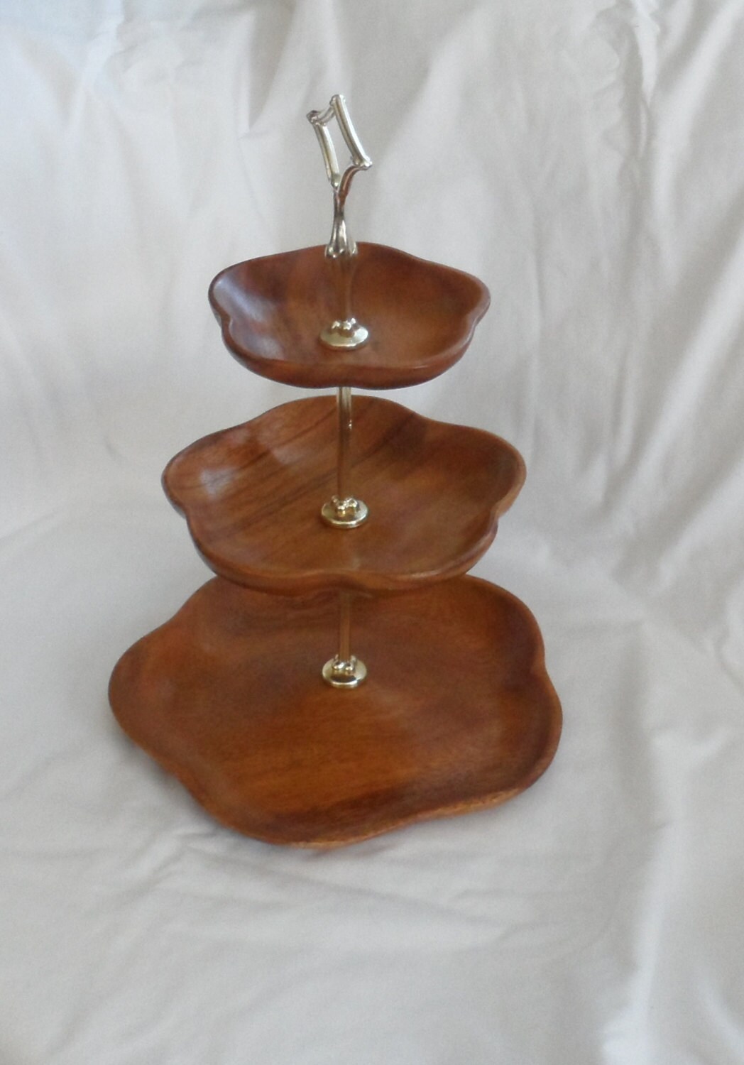 VINTAGE DANISH TEAK Wood 3 Tiered Cake n Pastry Stand/Sculptured Teak ...
