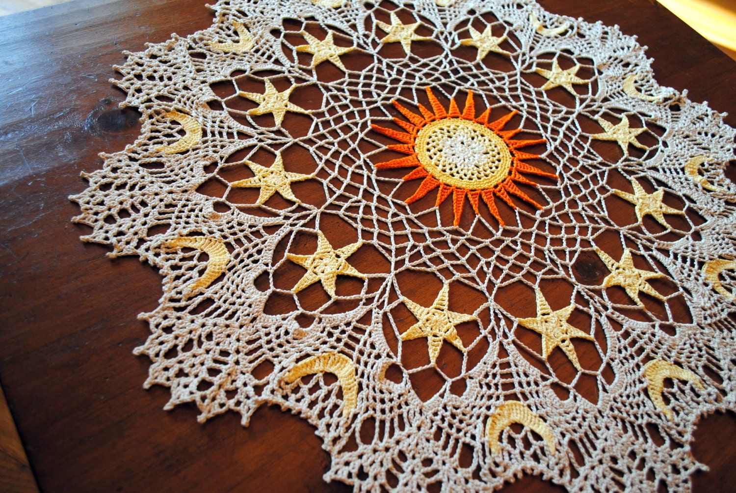 Sun moon and stars doily handmade crochet doilie ecru pale