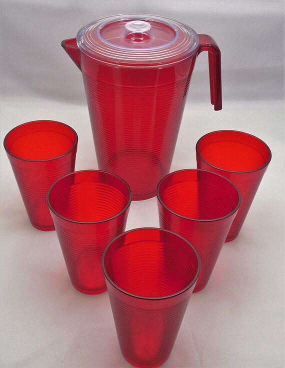 Red Plastic Pitcher with Tumblers 8 1/2 Pitcher by ShellyisVintage