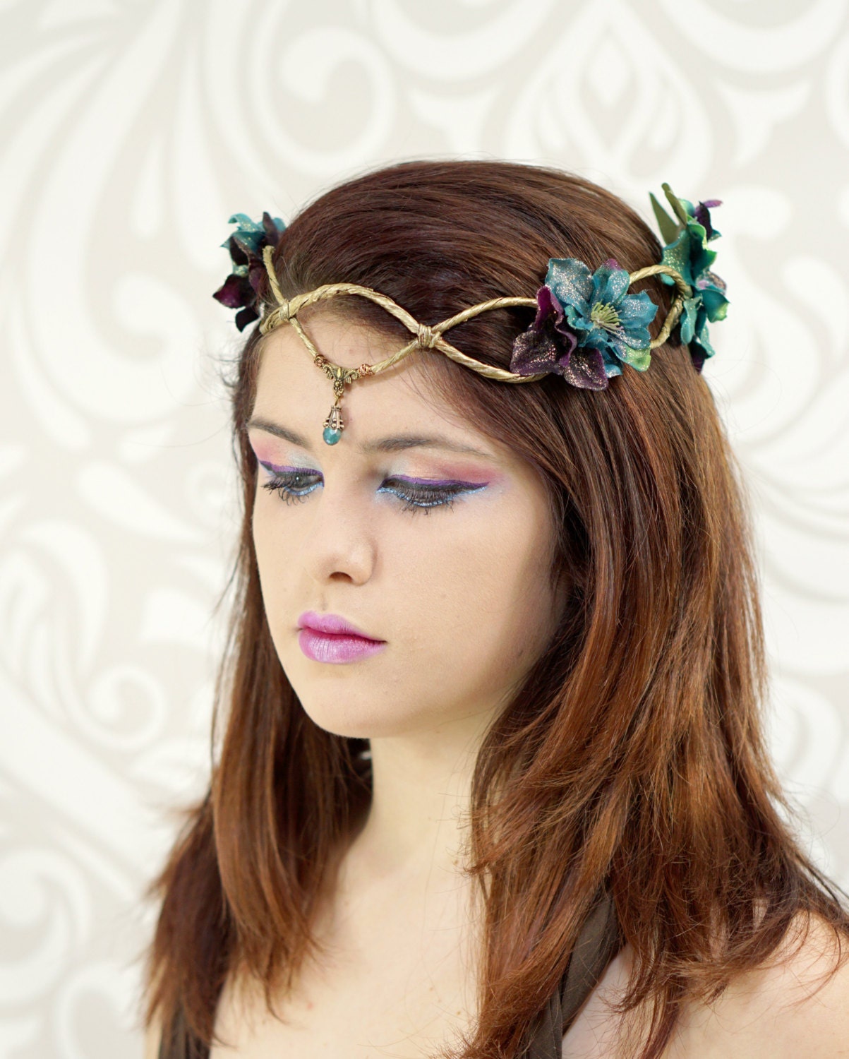 Gold Elven Crown, Dark Teal and Purple, Elven Headpiece, Elven ...