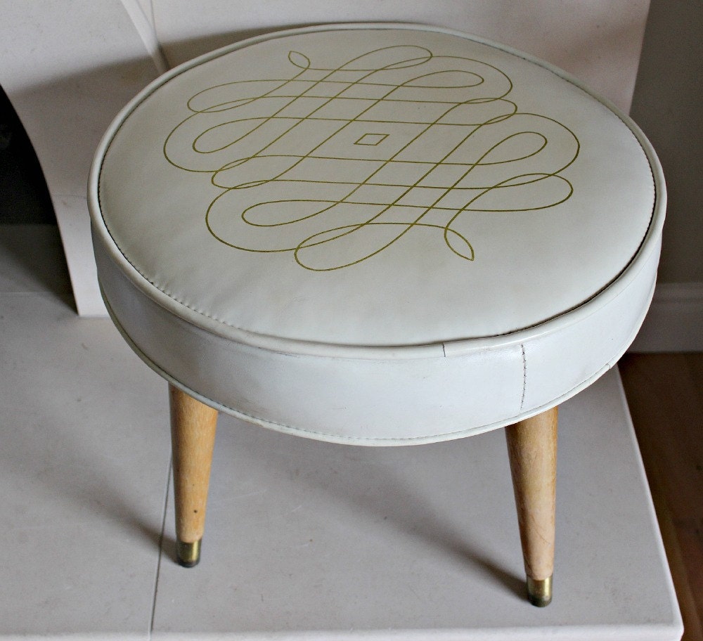 Mid Century Stool, vinyl Naugahyde, round decorated white footstool ...