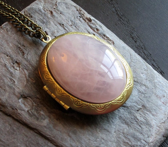 Large pink quartz locket gemstone locket necklace antique