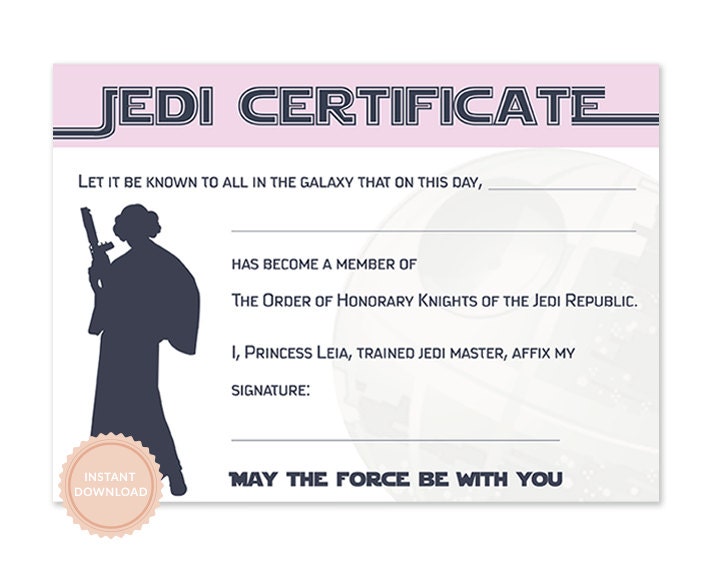 INSTANT DOWNLOAD Star Wars Jedi Certificate Princess Leia