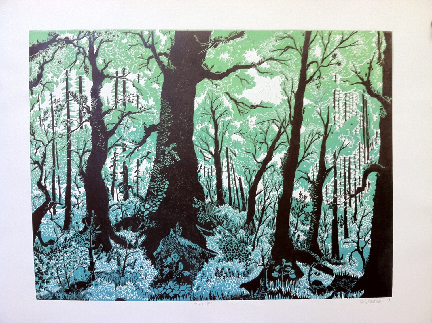 Large Forest Linocut Print Multicolored