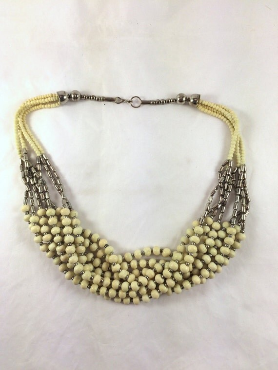 Items similar to Vintage Multi-Strand Beige Beaded Necklace with Silver ...