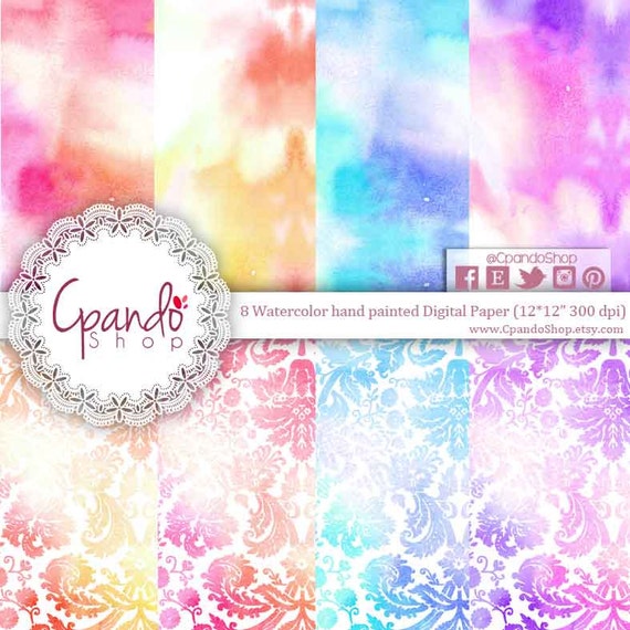 Damask watercolor digital paper watercolour scrapbook hand