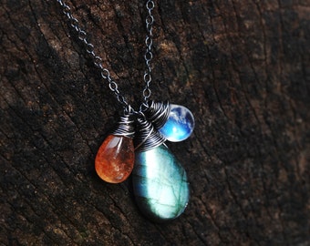 The Equinox Labradorite Moonstone and Sunstone Wire Wrapped