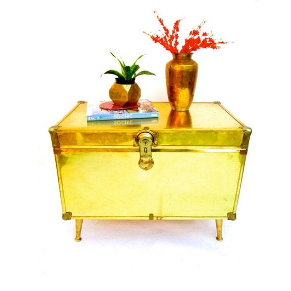 Items similar to Vintage Brass Trunk + Table | Storage Chest + Bench ...
