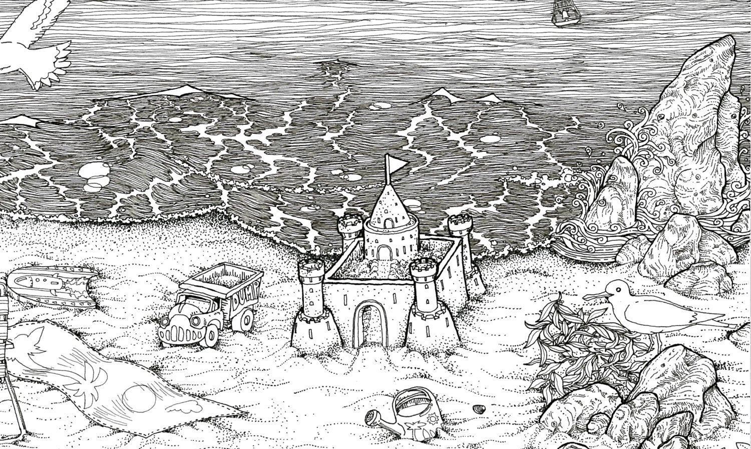 Day at the Beach pen and ink illustration PRINT black by WyldTrees