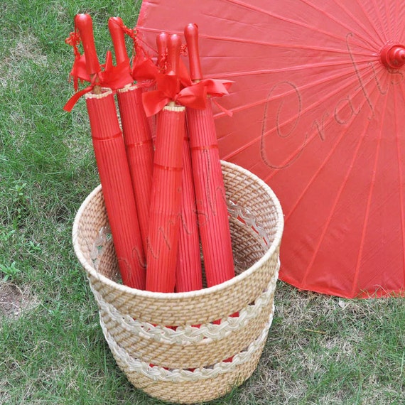 Bamboo Parasol Plain Fabric Umbrella Cute Wedding with Ribbon