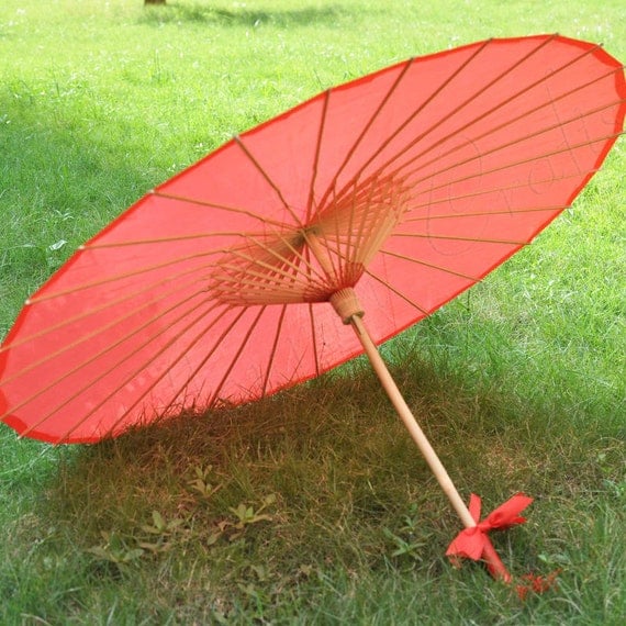 Bamboo Parasol Plain Fabric Umbrella Cute Wedding with Ribbon