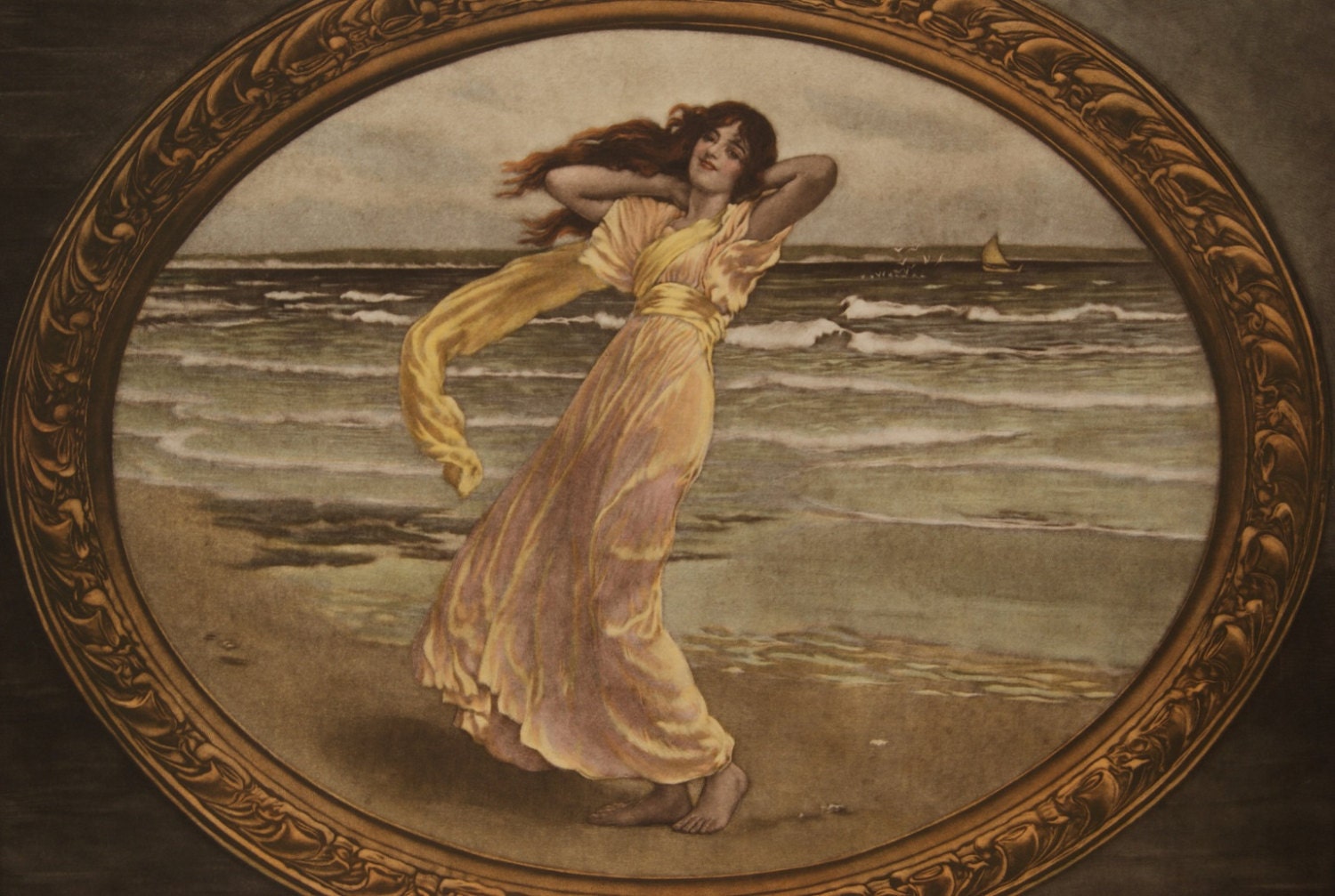 Quality Hand Coloured Art Nouveau 1900 Print Summer Breezes or