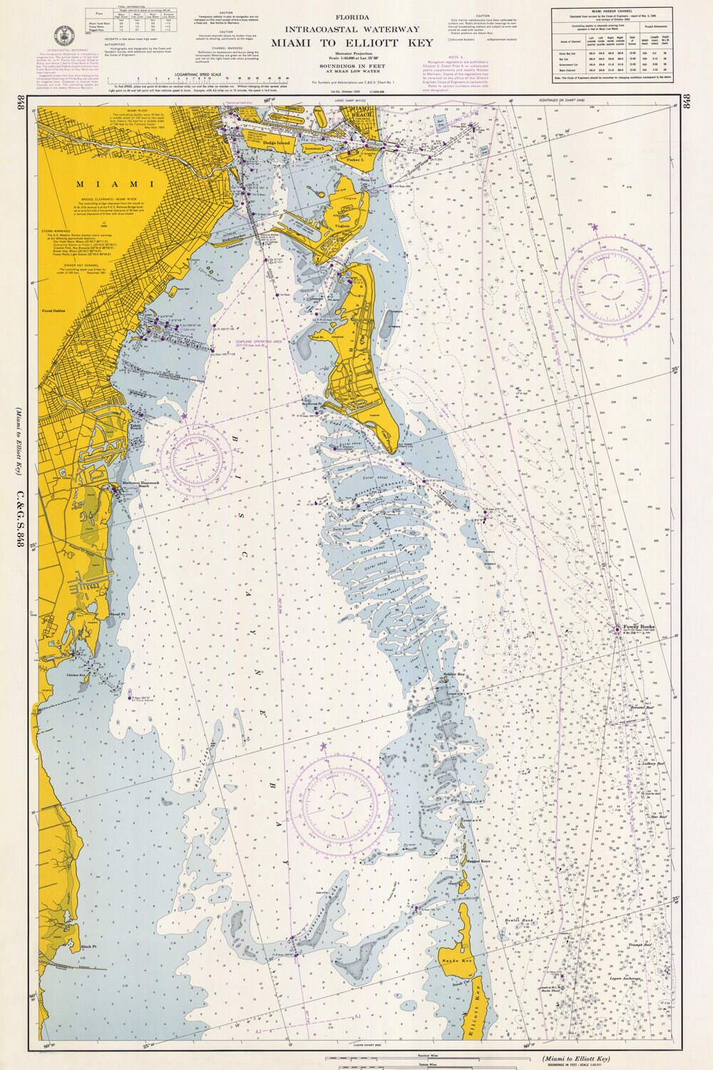 1966 Nautical Map of Miami to Elliot Key & Key Biscayne