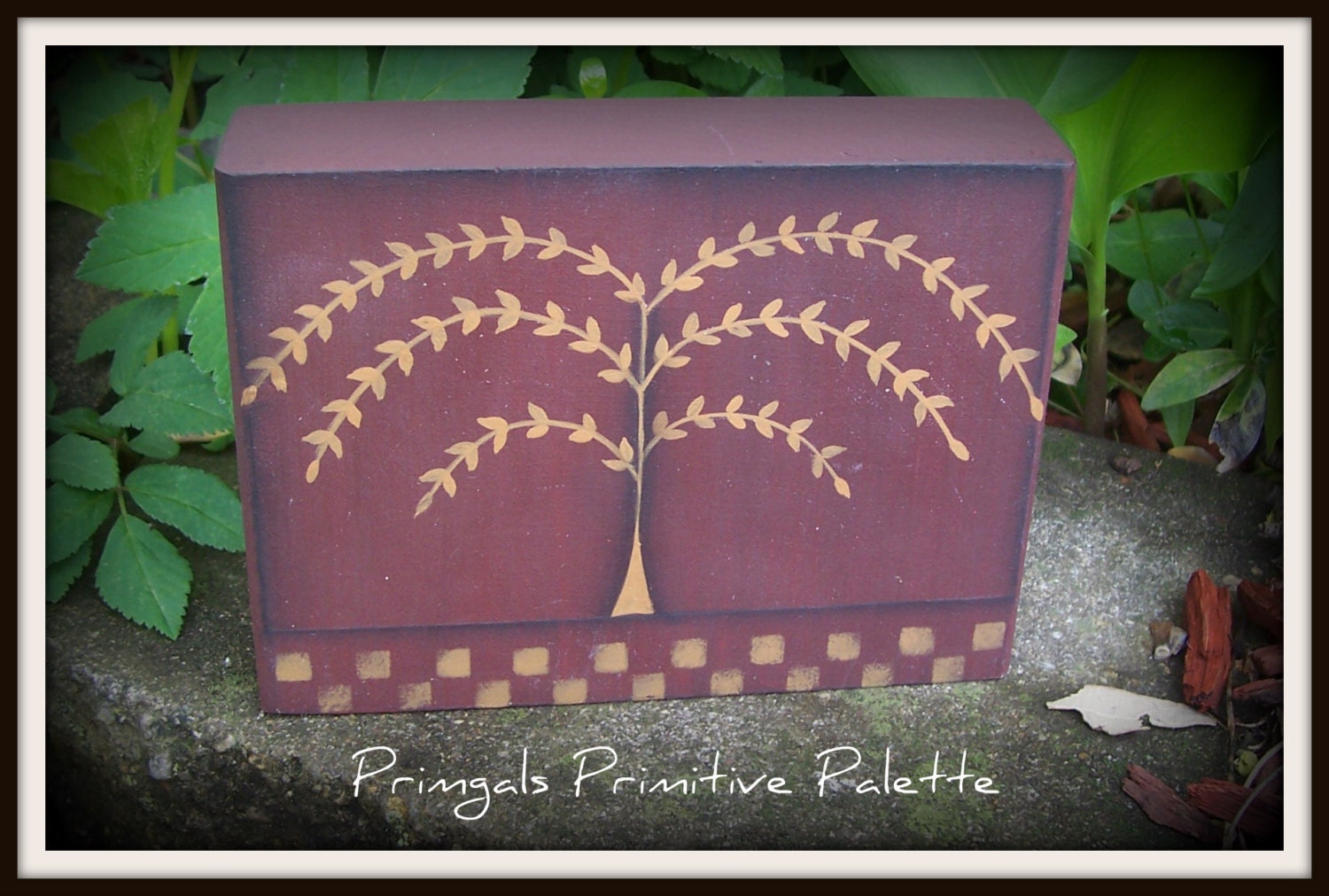 Primitive Folk Art Willow Tree Shelf Sitter Burgundy Block