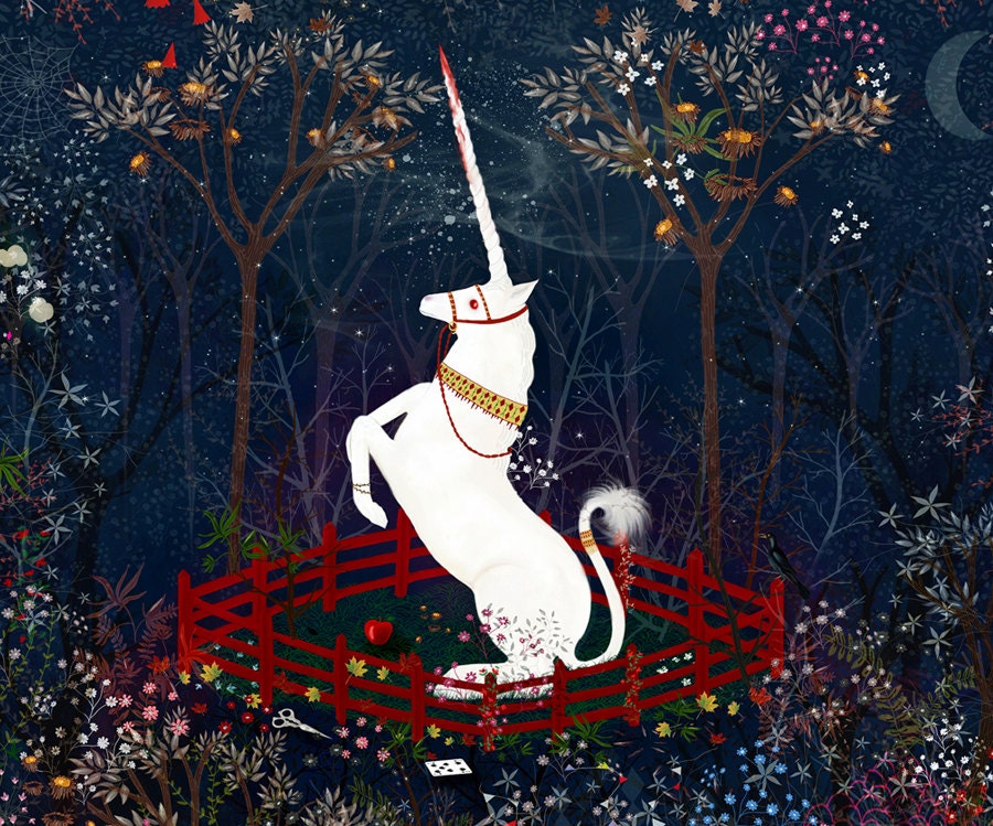 Unicorn art medieval 10x8 royal blue forest art tapestry