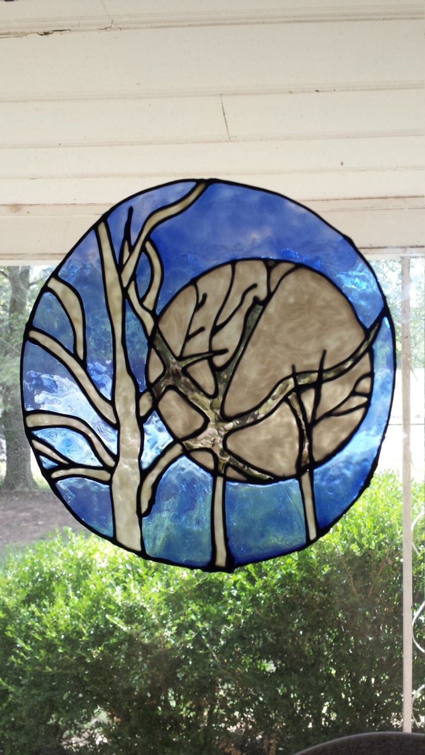 Full Moon Scary Spooky Skeleton Trees Stained Glass Window