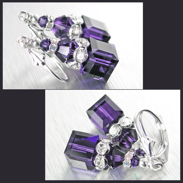 Dark Purple Crystal Earrings Sterling Silver By Dorotajewelry
